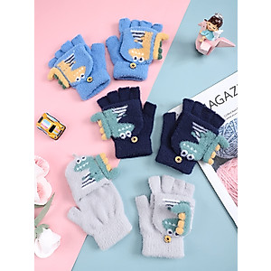 Bencailor 3 Pair Convertible Mittens Kids Knitted Warm Fingerless Gloves Toddler Cartoon Gloves with Mitten Cover for Boy Girl (Blue, Navy, Gray, Dinosaur)