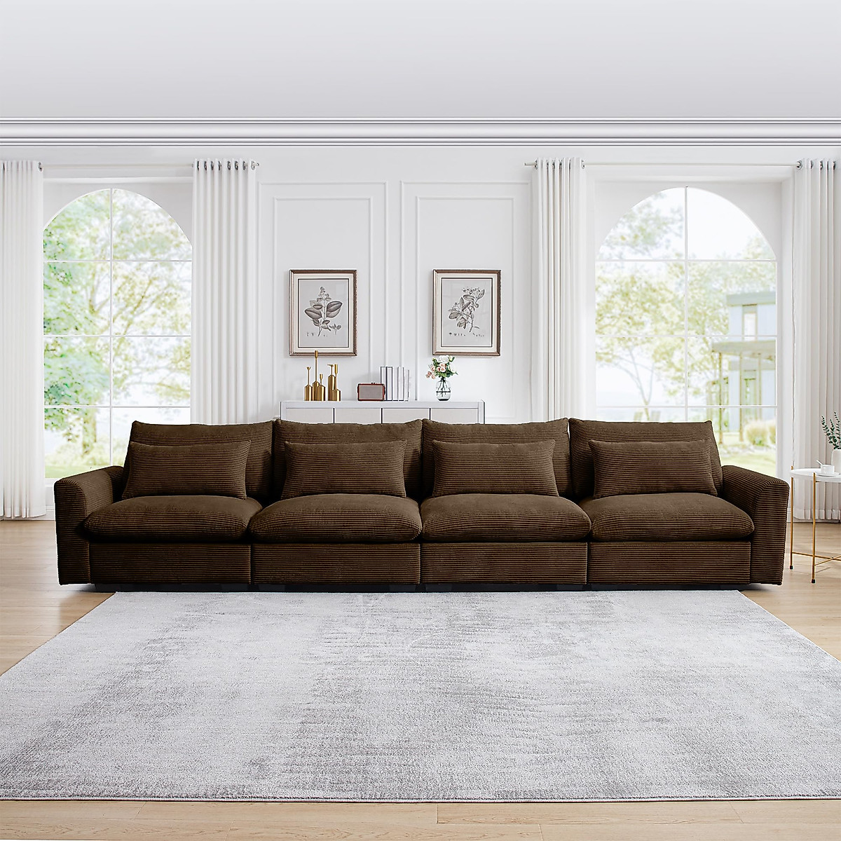 GOAWGO 157.5" Modular Sectional Couch 4 Seat Extra Deep Oversized Corduroy Sofa with Waist Pillow Modern Upholstered Comfy Couches for Living Room Bedroom Office Apartment, Brown