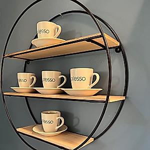 WHW Whole House Worlds Industrial Chic Round Metal Wall Shelf, 3 Levels, Inset Wood, Lacquered Black Iron, 16.5 Inch Diameter