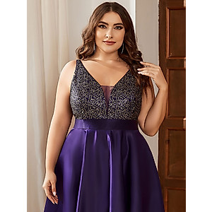 Ever-Pretty Women's Plus Size Sequin V-Neck High-Low A-line Evening Dress Prom Gowns Purple US18