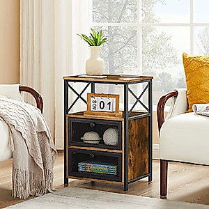 VECELO Modern Night Stand, End Side Table with Storage Space and Door, Nightstands with Flip Drawers for Living Room,Bedroom,Lounge,Set of 2, Brown