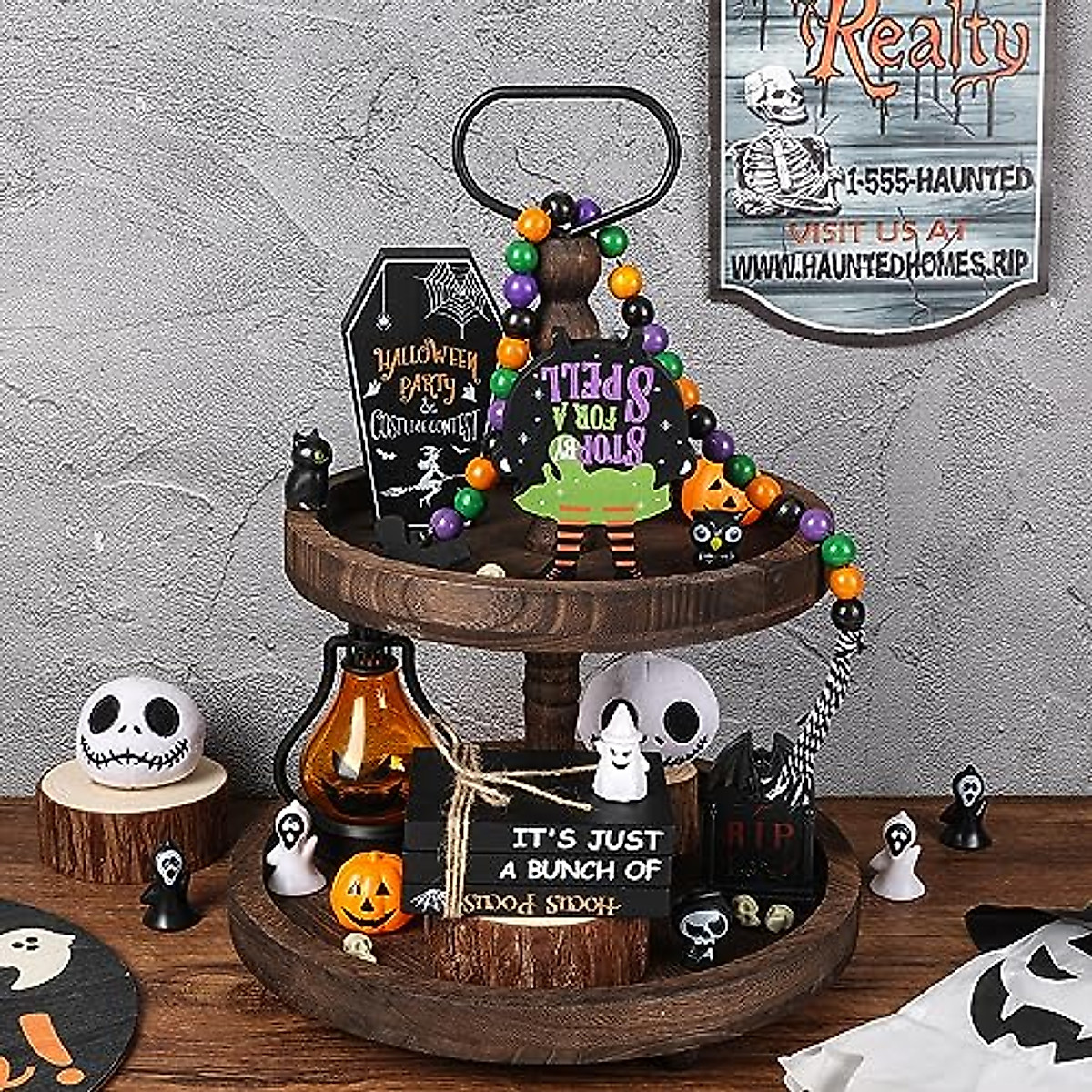 Hocus Pocus Halloween Decorations indoor, 6 Pcs Hocus Pocus Halloween Decor with Tombstones, hocus pocus book, Witches Cauldron, beads garland, Halloween Tiered Tray Decor for Home Table Kitchen decor