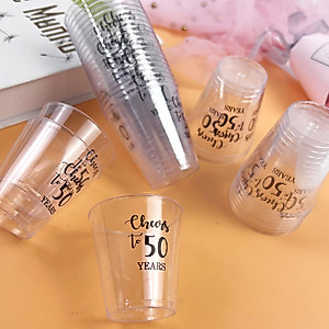 100 Pack Cheers to 50 Years Shot Glasses 2 oz Hard Plastic Disposable Cups, 50th Party Favors Small Clear Tasting Cups for Wine Whiskey for Women Men Wedding Anniversary