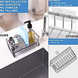 VOLCANOES CLUB Kitchen Sink Sponge Holder with Dish Soap Dispenser & Sponge | Stainless Steel Countertop Sponge Rack | Over The Sink Caddy Organizer with Removable Drain Tray - Silver/Small