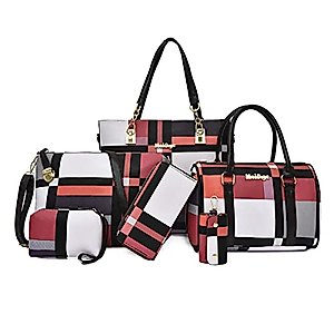 XingChen 6-PC Women PU Handbag+Shoulder Bag+Crossbody Bag+Purse+Clutch+Key Bag Top Handle Fashion Satchel Tote(Red)