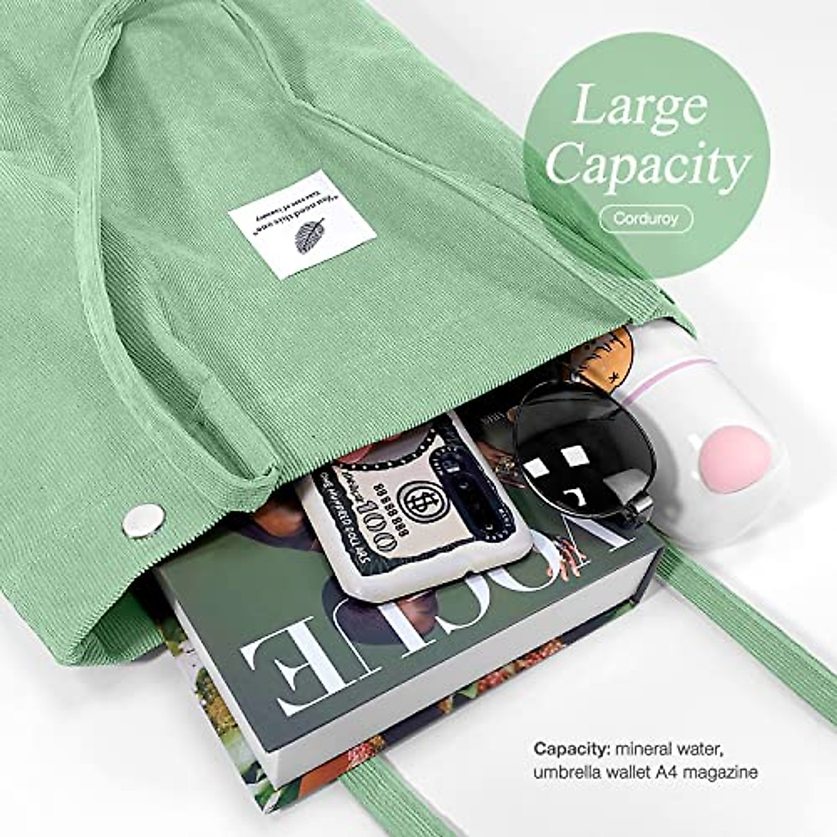 Corduroy Tote Bags for Women Girls, Large Capacity Reusable Grocery Shoulder Bag with Inner Pockets (Bean)…, Green