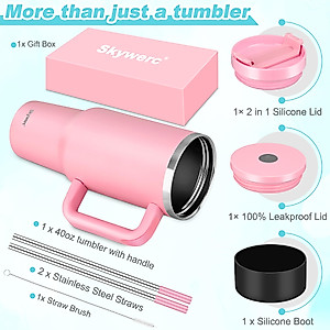 40 oz Tumbler with Handle and Straw, 2 Lids (2 in 1 & LeakProof Lid) - Vacuum Insulated Stainless Steel Double Wall Water Bottle Travel Mug - Holiday Gifts for Women Men - Baby Pink
