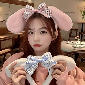 PUCAPOCO Bunny Ears Headband Furry Rabbit Puppy Dog Ears Headband Cute JK Bowknot Headwear for Girls Women Facial Makeup Anime Costume Cosplay(Blue)