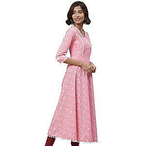 Yash Gallery Women's Cotton Floral Print Anarkali Kurtis (Light Pink)