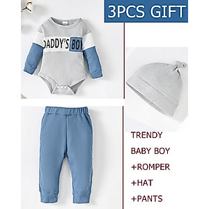 SUNNY PIGGY Baby Boy Clothes 3-6 Months Infant Newborn Romper Daddy Boy Top Spring Baby Pants Infant Cute Hat Grey+Blue