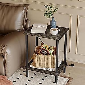 Fixwal 2-Tier Nightstand with Charging Station, End Table Set of 2, Side Table with USB Ports and Power Outlets, Side Table for Living Room, Bedroom, Grey and Black