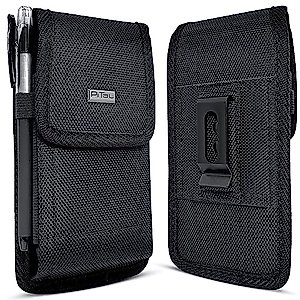 PiTau Cell Phone Belt Holder for iPhone 14, 14 Pro, 13, 13 Pro, 12, 12 Pro, 11, XR Black Nylon Holster Case with Belt Clip Carrying Pouch Cover (Fits iPhone 14 13 12 11 with Protective Cases) Small