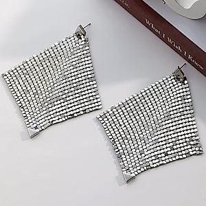 CLASSYZINT Large 80s Dangle Earrings For Women Shiny Silver Plated Mesh Grid Sequins Metallic Disco Earrings For Prom Party Dress Up Jewelry…