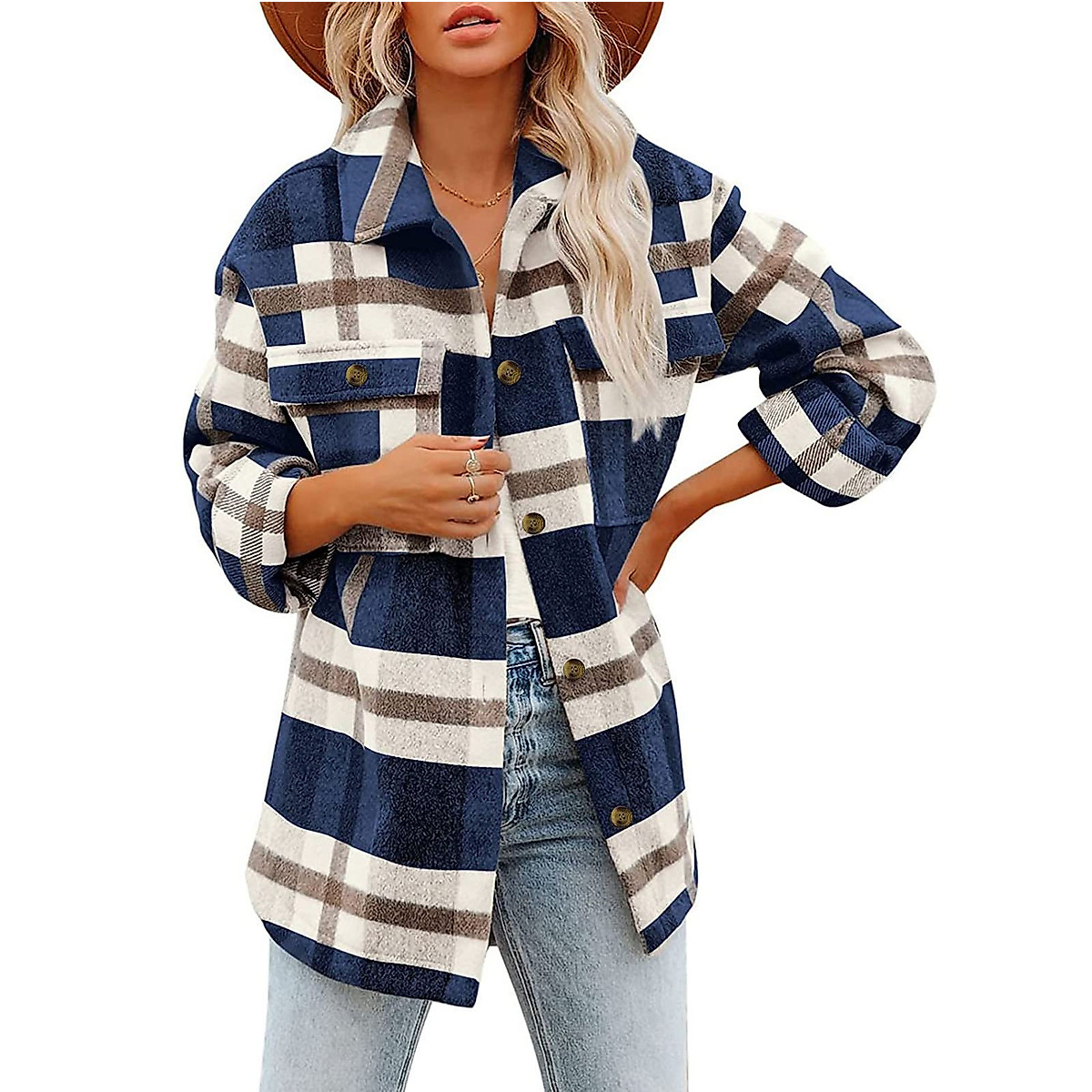 TTBDWiian Womens Plaid Jacket With Pockets Long Sleeve Button Down Shirts Flannel Shacket Jacket Fall Winter Casual Coat 2023
