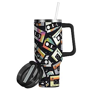 Exnundod Retro Vintage Cassette Tapes Tumbler with Handle 40oz and Straw Insulated Tumblers Leak-proof Water Bottle for Car Travel