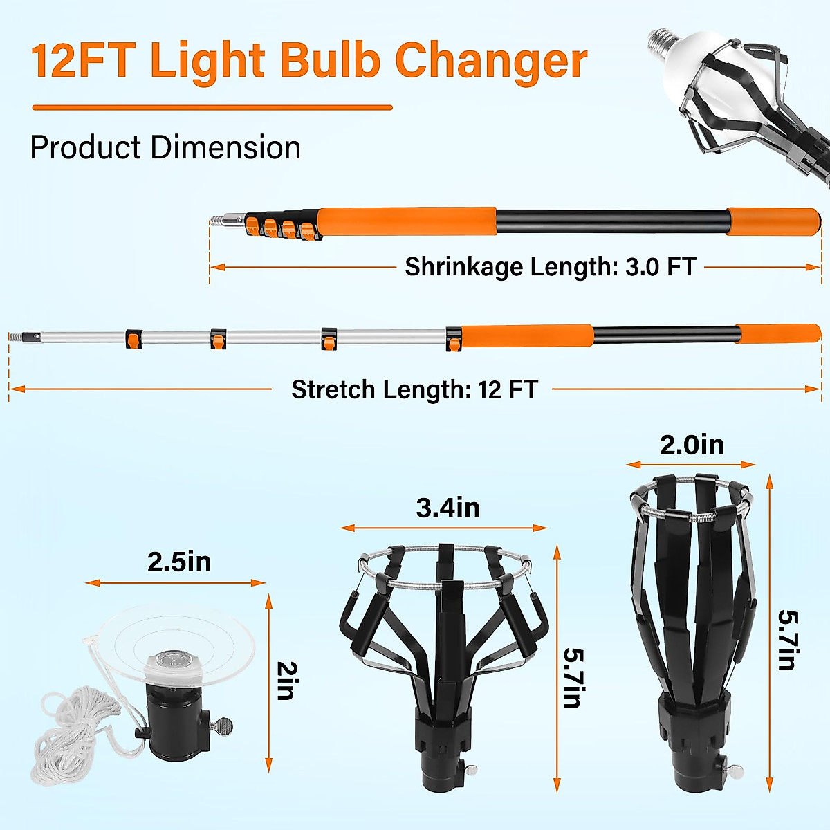 Light Bulb Changer,18FT Reach High Light Bulb Changer with Basket and Suction Cup,Light Bulb Changer for High Ceilings with 3-12FT Telescopic Extension Pole for High Ceilings and Recessed Lights