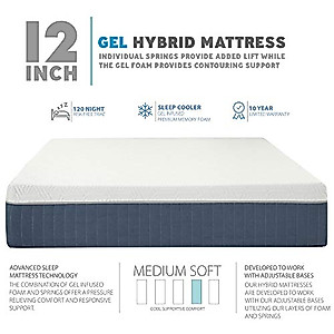 Blissful Nights Premium Adjustable Bed Frame and 12 Inch Hybrid Gel Infused Memory Foam Mattress Medium Soft Feel CertiPUR-US Certified (Split Cal King)