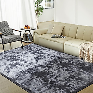 Luxury Shag Area Rug, 5X8 Ft Indoor Ultra Soft Plush Rugs for Living Room, Carpet for Teens Dorm Nursery Home Decor Aesthetic, Upgrade Anti-Skid Durable, Tie Dye Black and Grey