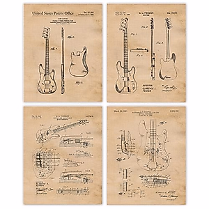 Vintage Electric Bass Guitars Patent Prints, 4 (8x10) Unframed Photos, Wall Art Decor Gifts for Home Rock Roll Music Office Leo Fender Garage Shop School Engineer Studio College Student Teacher Coach