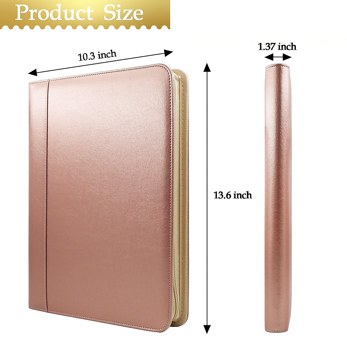 Darolin [Zippered] Portfolio Padfolio Organizer Binder with Clipboard, Leather Business Interview Resume Document Holder Folder Planner Organizer for Office Conference Notepad Bag for Women - RoseGold