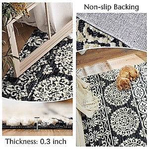 jinchan 3x5 Boho Area Rug Machine Loomed Living Room Rug Bohemian Woven Rug Accent Rug Indoor Vintage Floral Rug Retro Carpet Soft Luxury Rug Washable Kitchen Bedroom Dining Room, Black and White