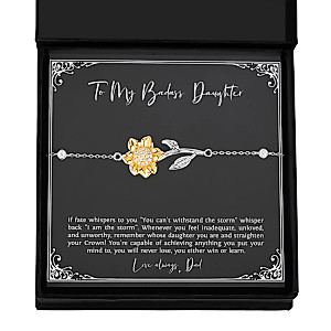 To My Badass Daughter Bracelet From Dad, 925 Sterling Silver Bracelet with 14k Gold Sunflower Charm, Daughter Gift from Dad, Gifts for Daughters from Dad, Birthday Present for Teen Girls