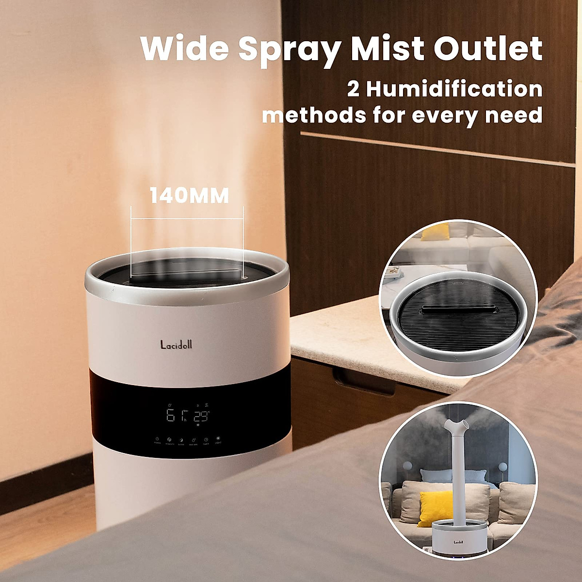 LACIDOLL Humidifiers for Large Room, 4.8Gal/18L Wholehouse Humidifiers 2000 sq.ft, Ultrasonic Cool Mist Large Humidifiers Dual 360° Nozzles Top Fill Floor Humidifier for Home Grow Tent