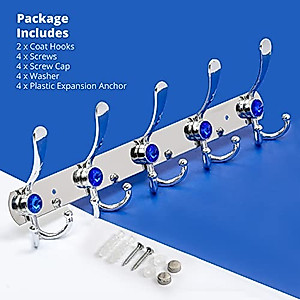 2 Pack Coat Hooks Wall Mounted – Premium Stainless Steel 5, Tri-Wall Hooks for Hanging Coats & Towels with Embedded Blue Jems – Heavy Duty Closet Hooks for Hanging Clothes, Robes, Hats (Silver)