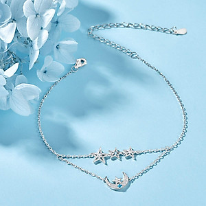 ATTRACTTO Moon Star Ankle Bracelets for Women 925 Sterling Silver Layered Anklets Sea Beach Adjustable Foot Ankle Jewelry Gifts for Teen Wife Girls (Moon Star Ankle)