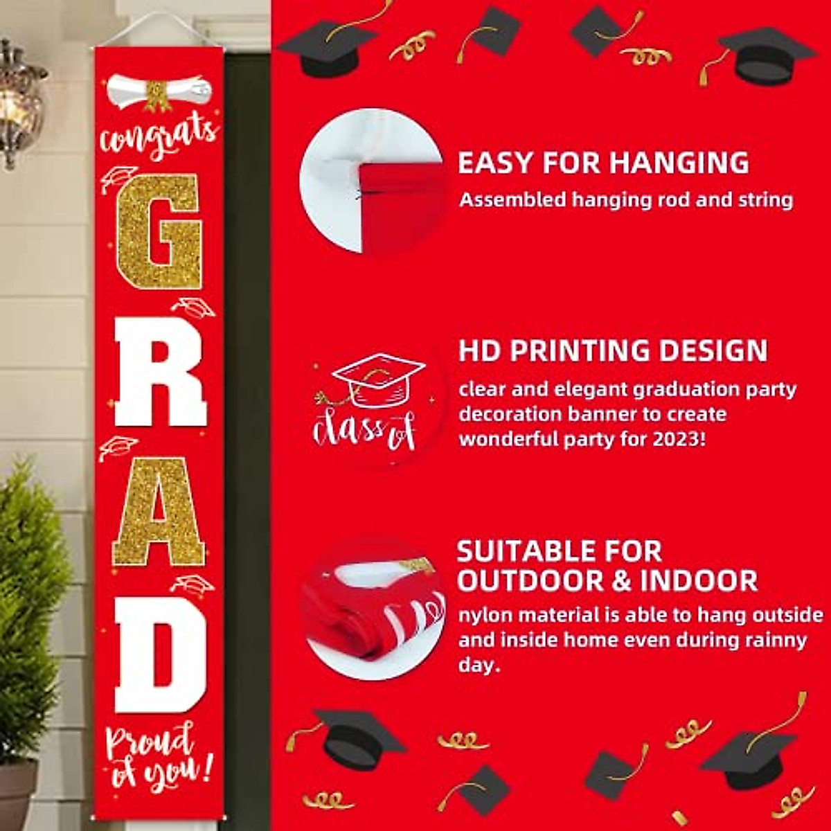 Graduation Party Decoration 2023 73PCS 32" Red Gold Graduation Party Supplies Congrats Grad Banner Porch Sign Swirls Confetti Balloon Foil Fringe Curtains Backdrop Photo Booth Props Class of 2023