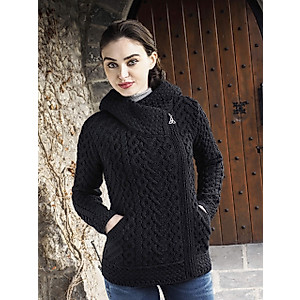 Aran Crafts Women's Cable Knit Comfortable Side Zip Hoodie (HD4916-MED-BLAC) Black