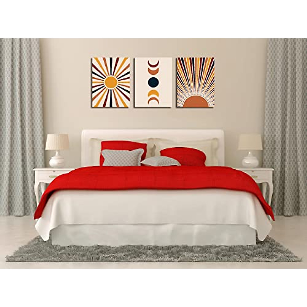 Orange Boho Wall Art Sunrise and Moon Minimalist Geometry Abstract Canvas Wall Art Modern 3 Pieces Stretched and Framed Artwork Canvas Prints for Home Office Bathroom Bedroom Wall Decor 12"x16"x3