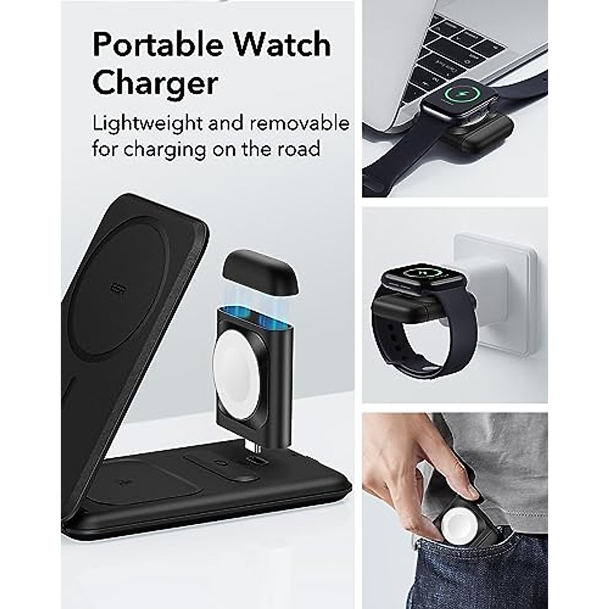 ESR 3 in 1 Charger for Magsafe, Travel Charger Stand for Magsafe, Made for Apple Watch Certified, Foldable Charging Station Compatible with Magsafe and iPhone 15/14/13/12, AirPods Pro, Black