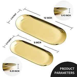 Dobbyby 2 Pack Gold Tray Decorative, Jewelry Dish Bathroom Vanity Tray Small Serving Tray Candle Holder Stainless Steel Cosmetics Tray Perfume Tray, Gold, 12"+9"