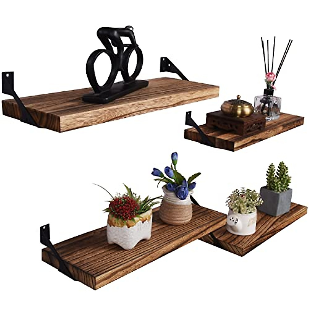 HXSWY Rustic Wood Floating Shelves for Wall Decor Farmhouse Wooden Wall Shelf for Bathroom Kitchen Bedroom Living Room Set of 4 Light Brown