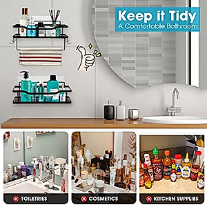 Pisman Shower Caddy,Bathroom Organizer,2 Pack Adhesive Shower Shelves with Hooks,Black Shower Rack for Bathroom/Toilet/Kitchen etc (Matte Black 2 Pack)