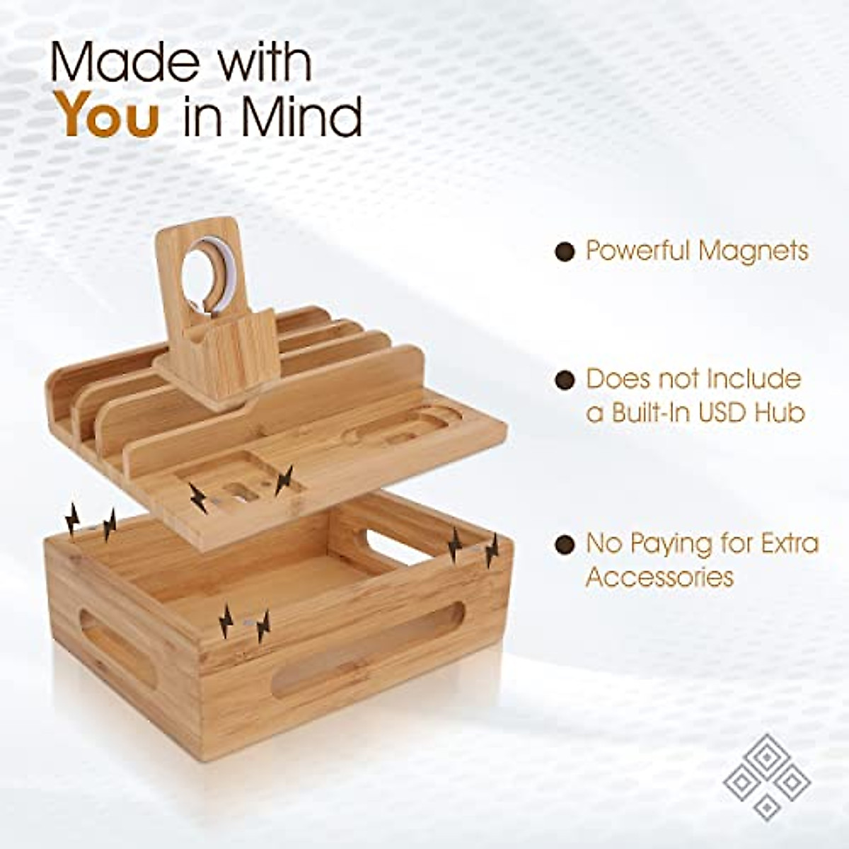 komonotown Natural Bamboo Charging Station for Multiple Devices, Docking Station Organizer for iPhone, Smart Watch, Tablet, Airpod - for Bedside, Desk (No USB Hub)