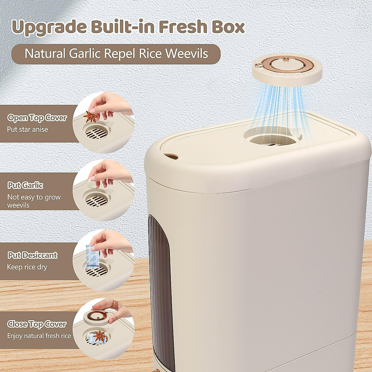 Triiter 25Lbs Rice Dispenser,Large Rice Container with Measuring Cup,Moisture Proof Cereal Dispenser Storage with Time Scale,Dry Food Dispenser,Kitchen Organization Home Pantry Rice Corn(Cream White)