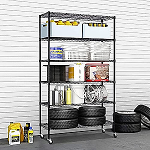 Hudada Garage Shelving 48 inch L×18 inch W×82 inch H Wire Shelving with Wheels Metal Storage Shelves Heavy Duty 6 Tier Adjustable Shelving with Casters for Restaurant Pantry Kitchen Rack - Black