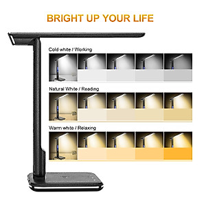 LED Desk Lamp with Wireless Charger, Foldable Touch Console Light, Date,Calendar,Temperature,Clock Display Function, 5-Level Dimmable Lighting, Suitable for Home Office, Reading, Work,study (Black)