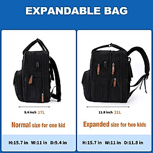 Large Diaper Bag For 2 Kids, 17L~30L Expandable Twin Diaper Bag Backpack For Travel/Shopping, Easy Access Design / 4 Big Insulated + 2 Wet Cloth Pocket For 2 Babies / Waterproof / Back Support Cushion