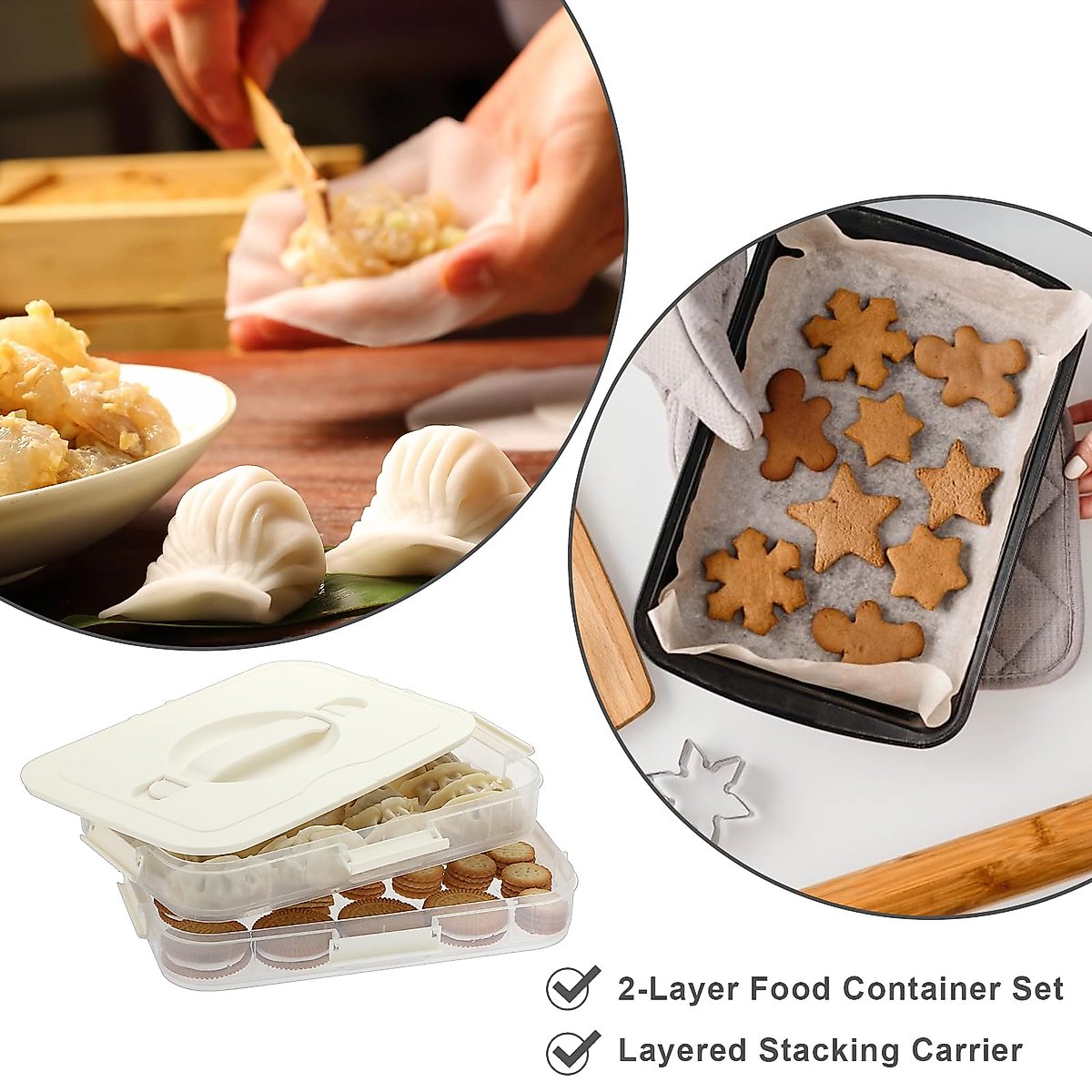 BTSKY Plastic Food Storage Container with lids, Dumpling Storage Box, Cookie Carrier Cookie Sheet with Lid, Portable Large Food Container for Snack, Fruit, Vegetables, Meat, Wontons(2-Layer, White)