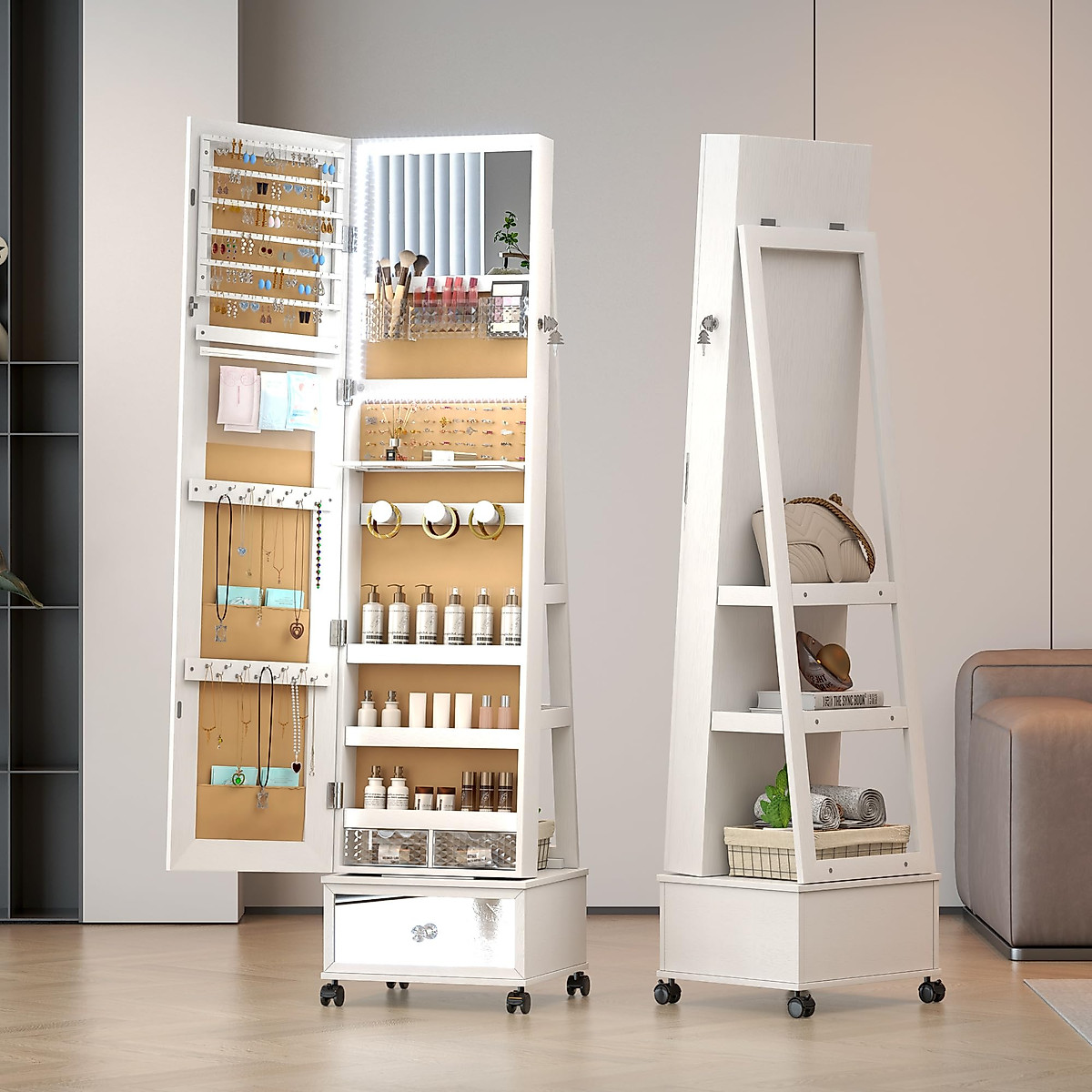 Vlsrka 360° Swivel Jewelry Mirror Cabinet with Lights, Standing Jewelry Armoire Organizer Rotatable Full Length Mirror with Jewelry Storage, Lockable with Rear Storage Shelves, Built-in Makeup Mirror