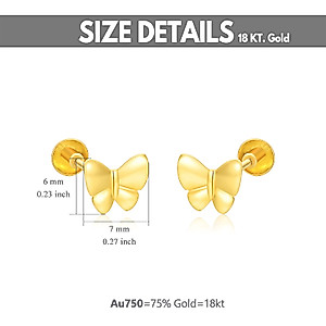 SISGEM 18k Yellow Gold Butterfly Earrings Screw Back, 18 Carat Gold Studs for Women