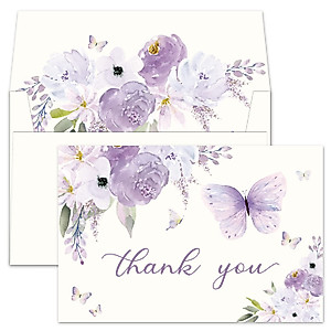 Gooji 4x6 Purple Floral Thank You Cards with Envelopes 20 Pack Matching Peel-and-Seal Envelopes, Assorted Bulk Watercolor, Birthday, Baby Shower, Weddings, Blank Business Stationary