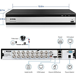 ZOSI H.265+ 16CH Full 1080P Video Security DVR Recorder with 2TB Hard Drive, Hybrid 4-in-1 Surveillance CCTV DVR for 960H/CVI/TVI/AHD Home Security Cameras system (Renewed)