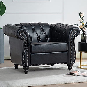Wlvos Leather Chesterfield Chair Set of 2, Accent Single Sofa Chair Modern Leather Upholstered Chair with Tufted Back for Living Room Club (Black)