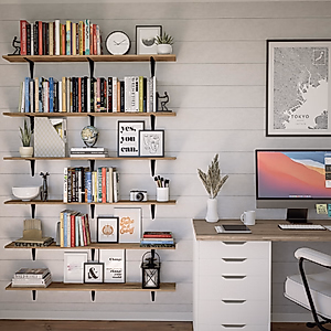 Wallniture Arras 48 inch Long Rustic Floating Shelves for Wall, Wall Bookshelf for Living Room, Floating Wall Shelf for Home Office, Bedroom, Pantry, Kitchen, Set of 6, Burnt, Wood