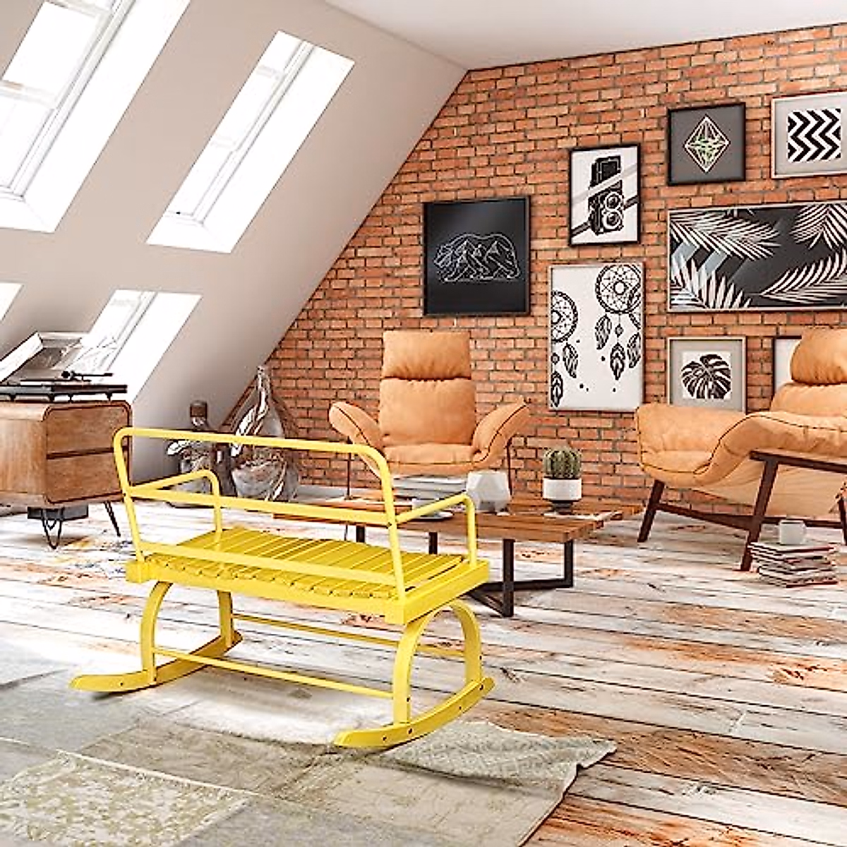 GAOMON Outdoor Patio Rocking Chair,42.52" D x 33.46" W x 35.43" H 2-Person Iron Rocking Chair,Outdoor/Indoor Rocking Chair, Patio Rocking Chair with Wide Seats for Backyard, Garden,Light Yellow