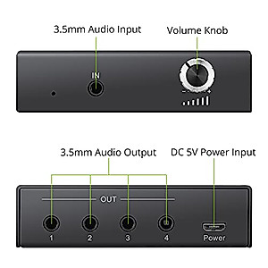 LiNKFOR 4 Port 3.5mm Stereo Audio Splitter, 3.5mm Audio Splitter Switcher Supports 4 Outputs Simultaneously with Volume Control for Passive Speaker, Headphone, PC, MP3, Laptop